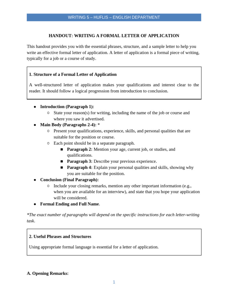 Handout_ Writing a Formal Letter of Application [Revised] | PDF