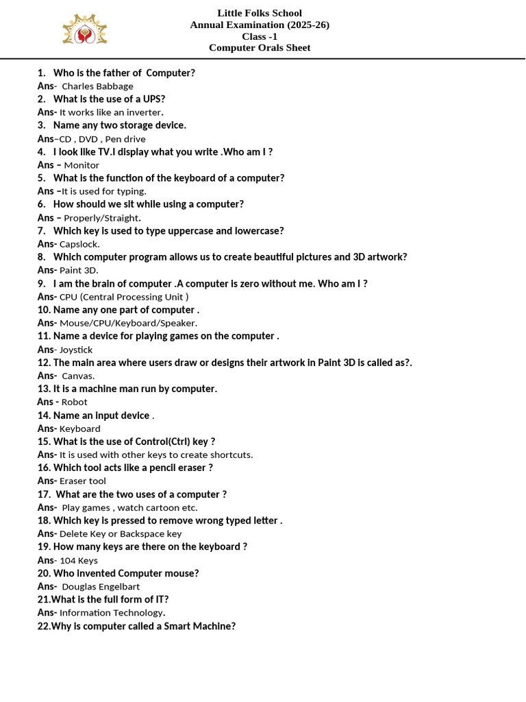 Class 1 Computer Orals Exam Sheet | PDF | Computer Keyboard | Cursor ...