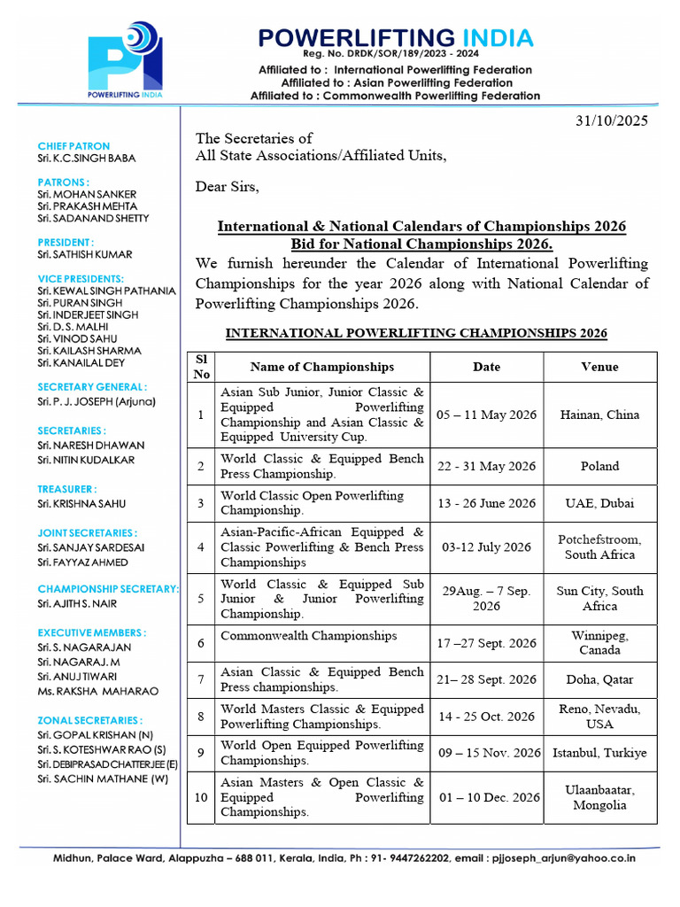 Powerlifting Championships Calendar 2026 | PDF | South India | Weight ...