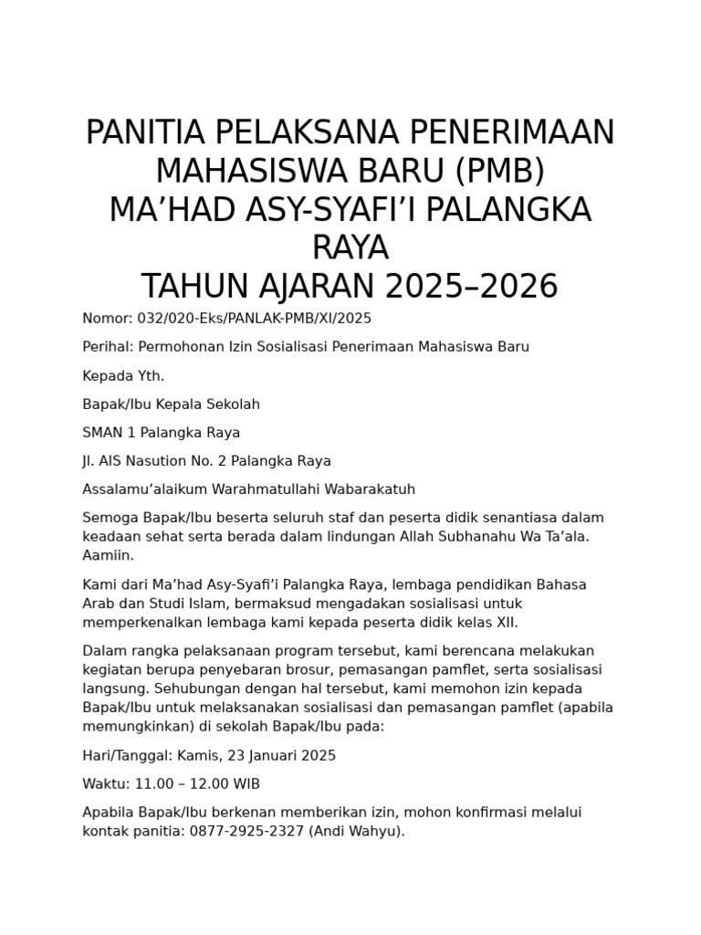 Sosialisasi PMB Ma'had Asy-Syafi'i 2025 | PDF