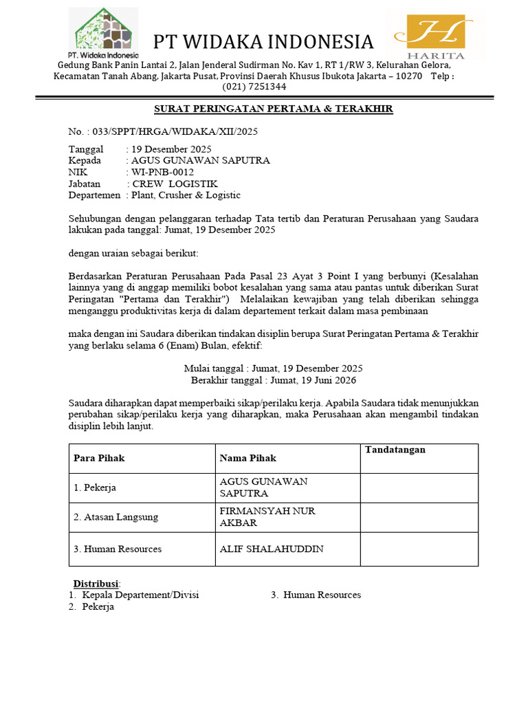 Surat Peringatan Pertama Agus Saputra | PDF