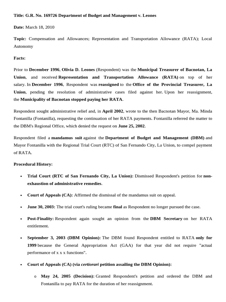 1. Department of Budget and Management v. Leones, 616 SCRA 72, March 18 ...