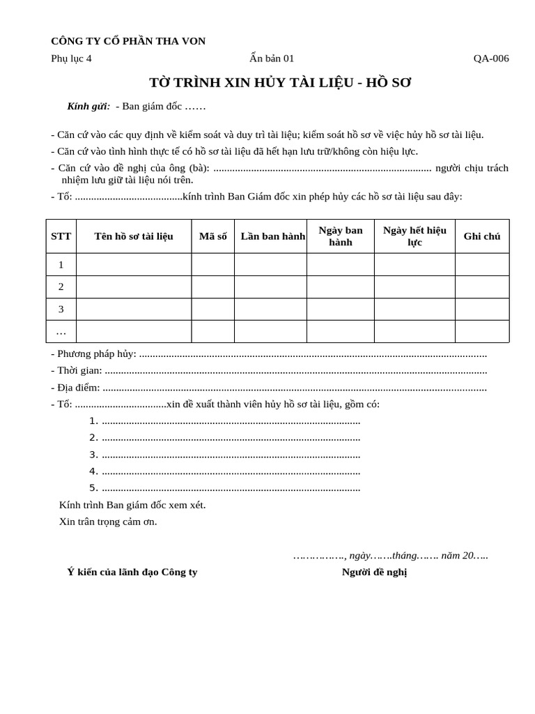 006 Qa - Phu Luc 4 (Tờ Trình Xin Hủy Tài Liệu - Hồ Sơ) | PDF