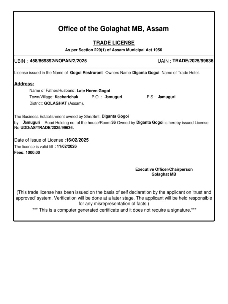 Golaghat Assam Trade License Document | PDF