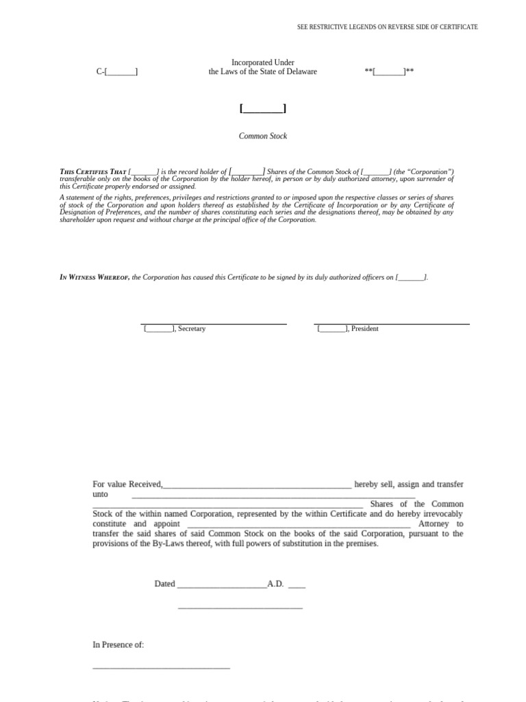 Common Stock Certificate Template | PDF | Stocks | Securities (Finance)