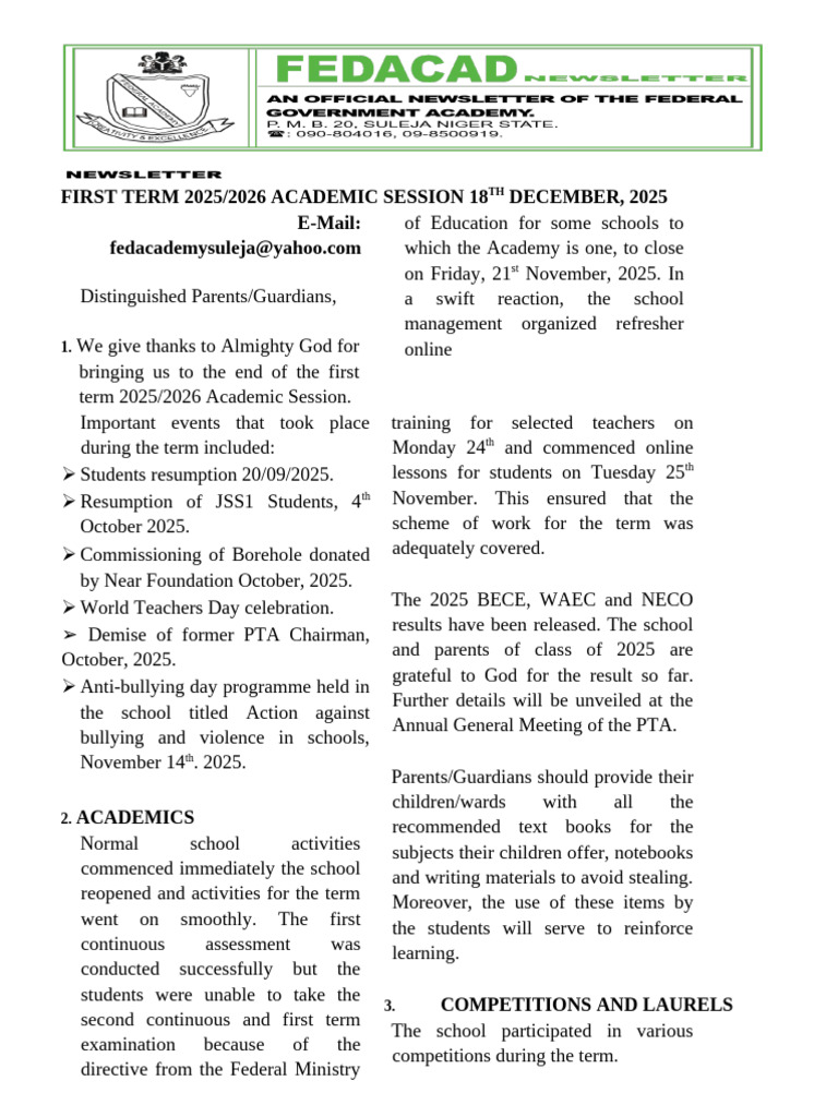 First Term 2025/2026 Academic Update | PDF