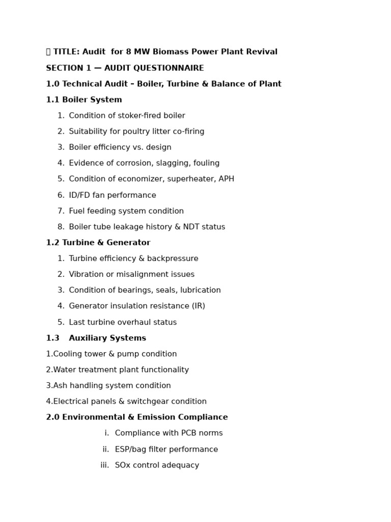 audit sheet for 8 MW biomass plant | PDF | Boiler | Energy Technology