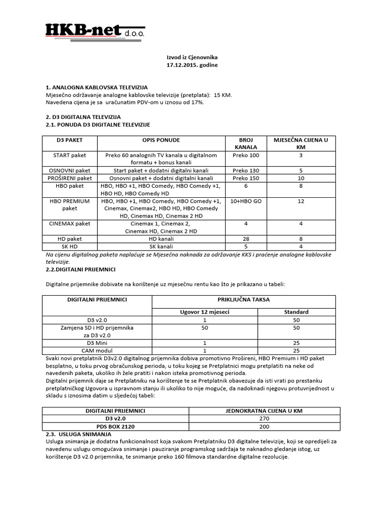 Izvod Iz Cjenovnika HKB 17.12.2015 | PDF