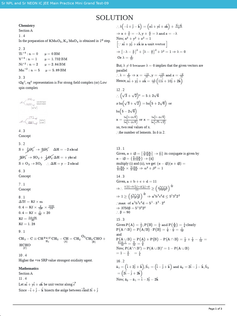 Sr NPL and Sr NEON IC JEE Main Practice Mini Grand Test-09 Sol | PDF ...
