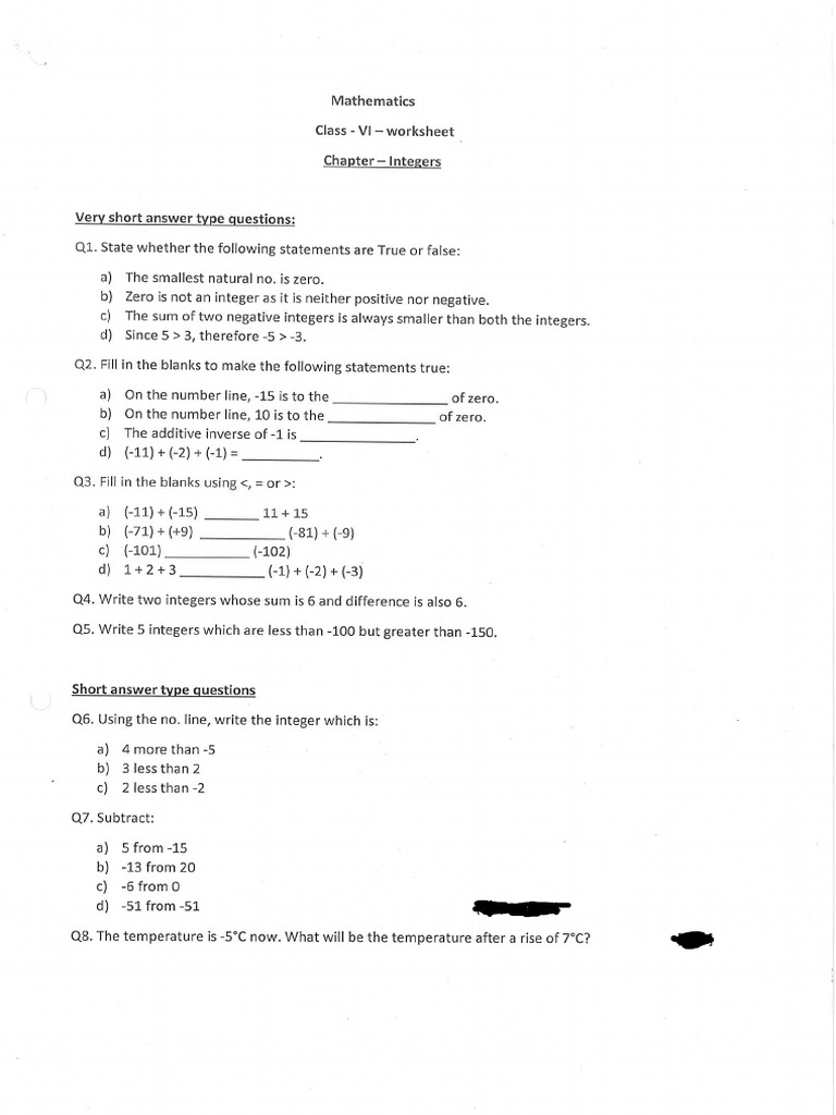 Class 6-IntegersWorksheet 1 | PDF