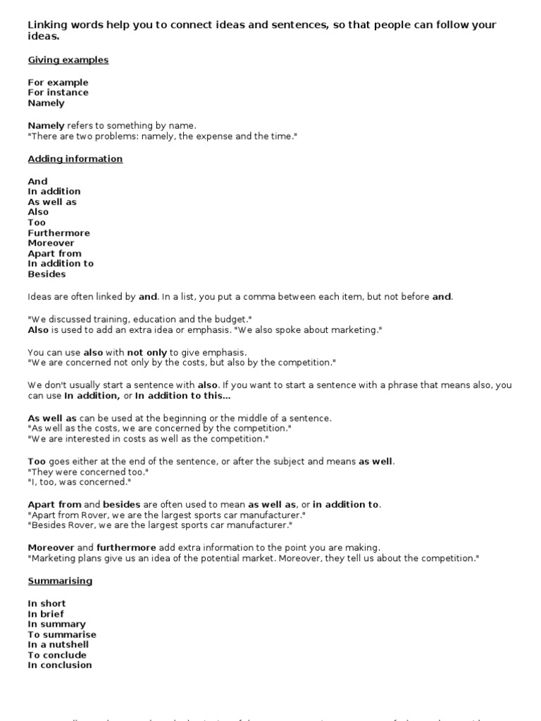 Linking Words Help You To Connect Ideas and Sentences | PDF | Sentence ...