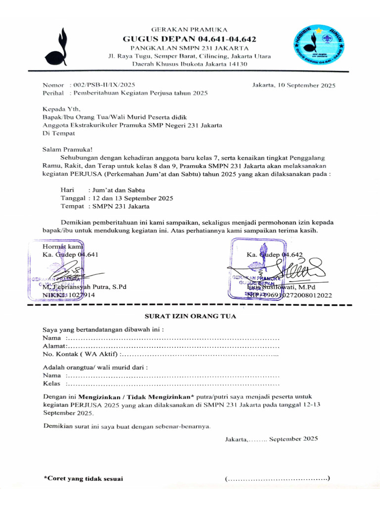 Surat Pemberitahuan Perjusa Dan Izin Orang Tua | PDF