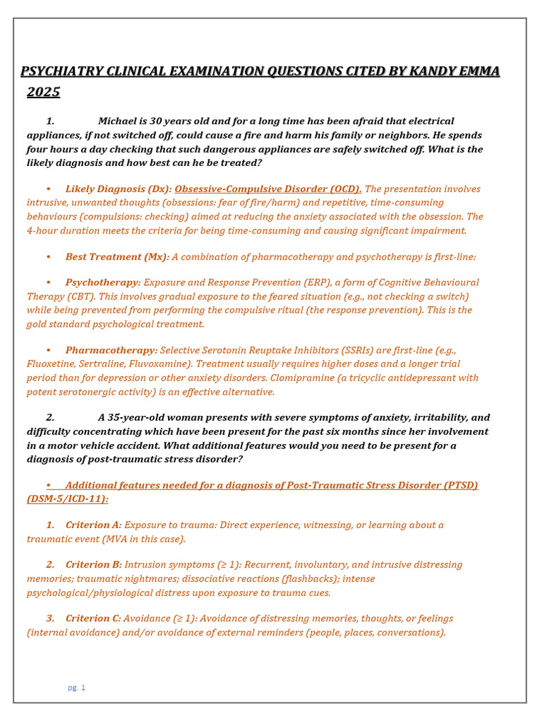 Psychiary Clinical Examination Questions and Answers-Dr.kandy 2025 ...