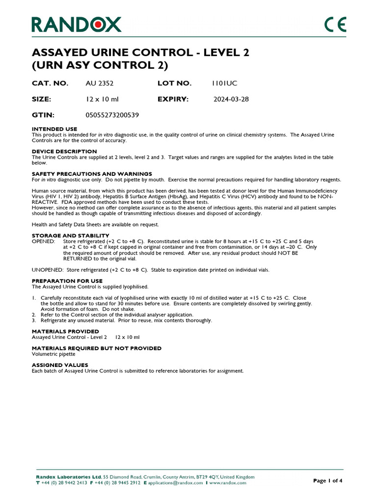 Assayed Urine Control Level 2 AU2352 | PDF | Medical Specialties ...