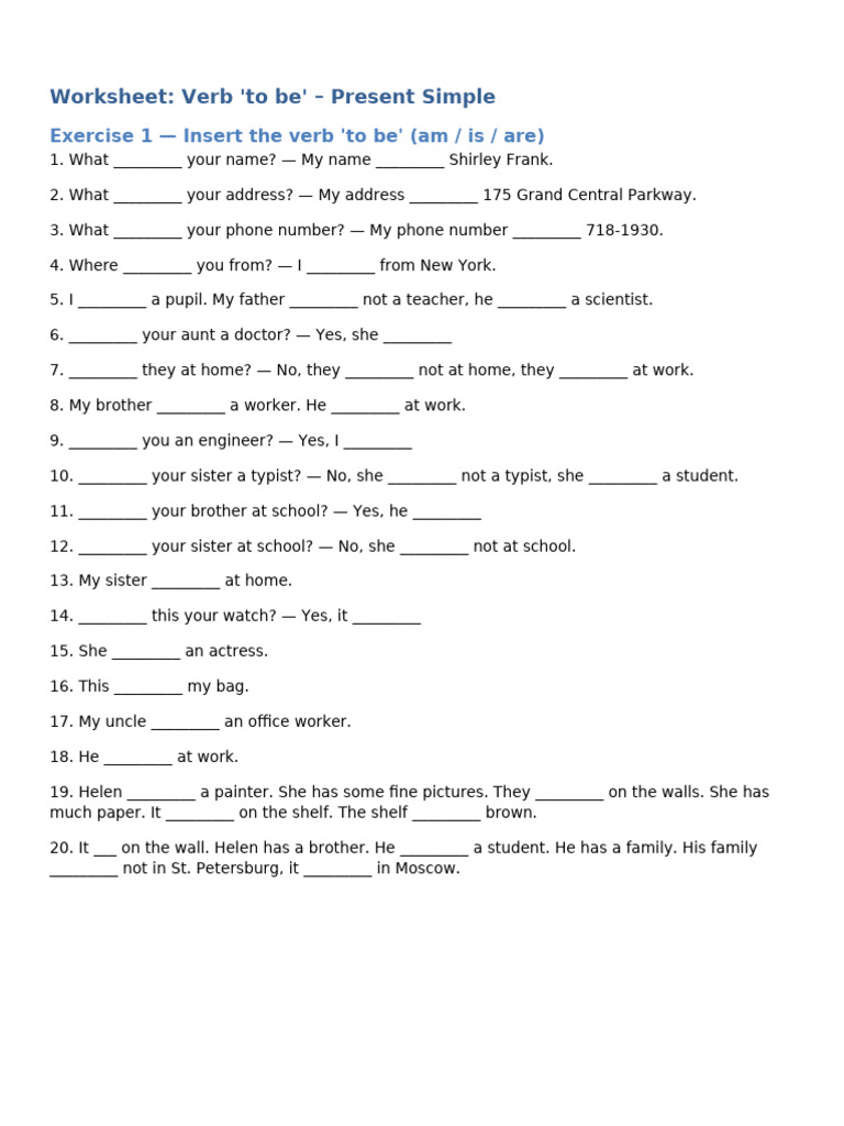 Present Simple 'To Be' Worksheet | PDF