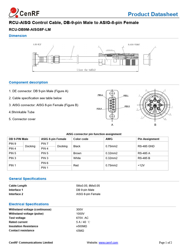 RCU-AISG Control Cable, DB-9-Pin Male To ASIG-8-Pin Female | PDF ...