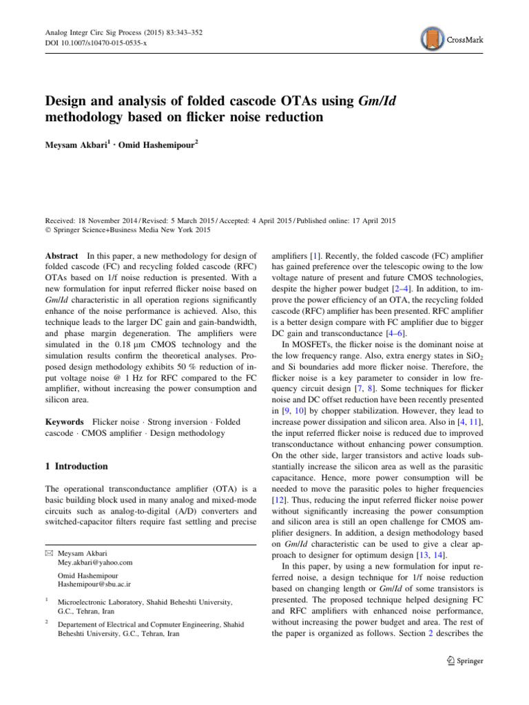 Design and Analysis of Folded Cascode OTA Ssing Gm or Id Methodology Based on Flicker Noise ...