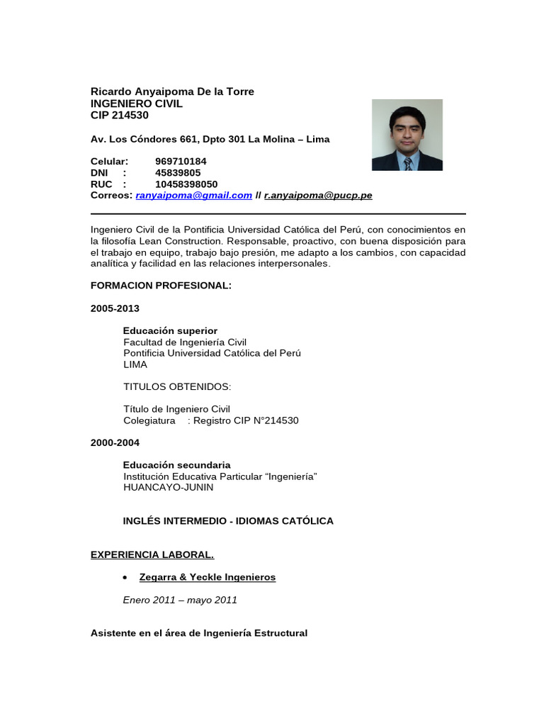 Cv Ricardo Anyaipoma de La Torre | PDF | Ingeniería | Ingeniero civil