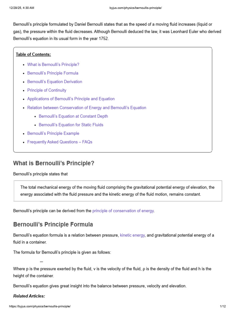 Physics Bernoullis-Principle | PDF | Chemical Engineering | Statistical ...