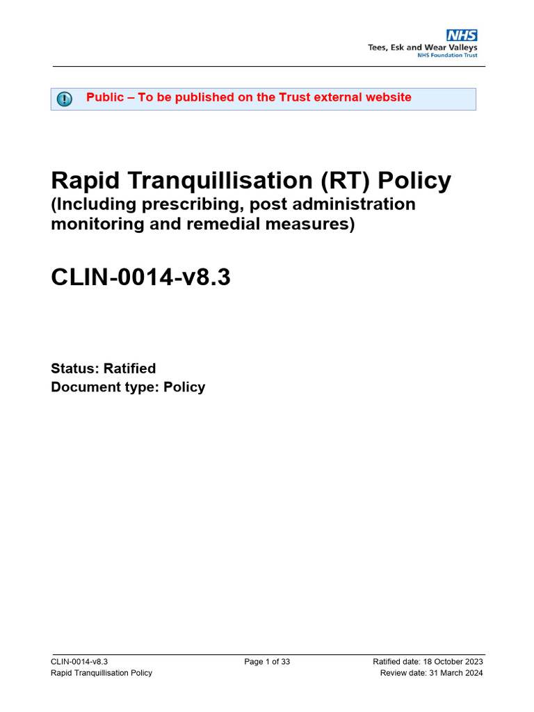 Rapid Tranquillisation Policy Overview | PDF | Antipsychotic | Medical ...