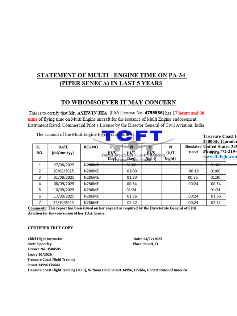 Multi Engine Aircraft Time | PDF | Flight Instructor | Aviation ...