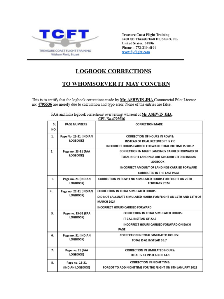 Logbook Correction Certification for CPL | PDF