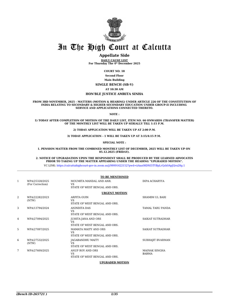 Calcutta High Court Daily Cause List - Dec 4, 2025 | PDF