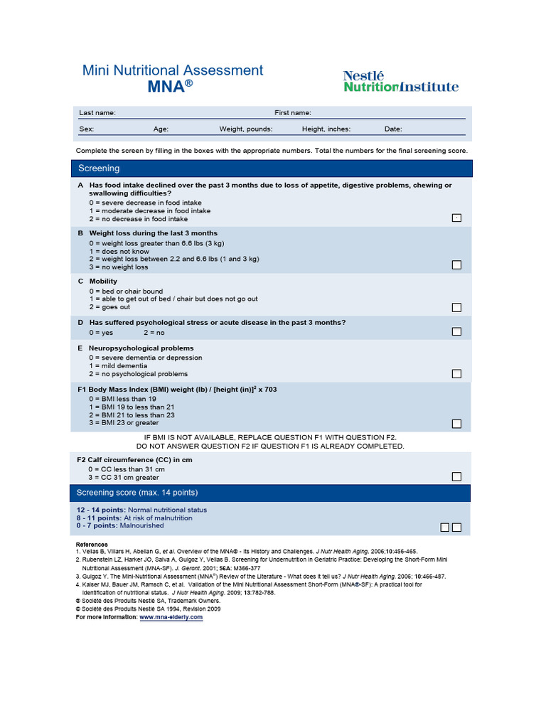 Mini Nutritional Assessment (MNA) Guide | PDF | Body Mass Index ...
