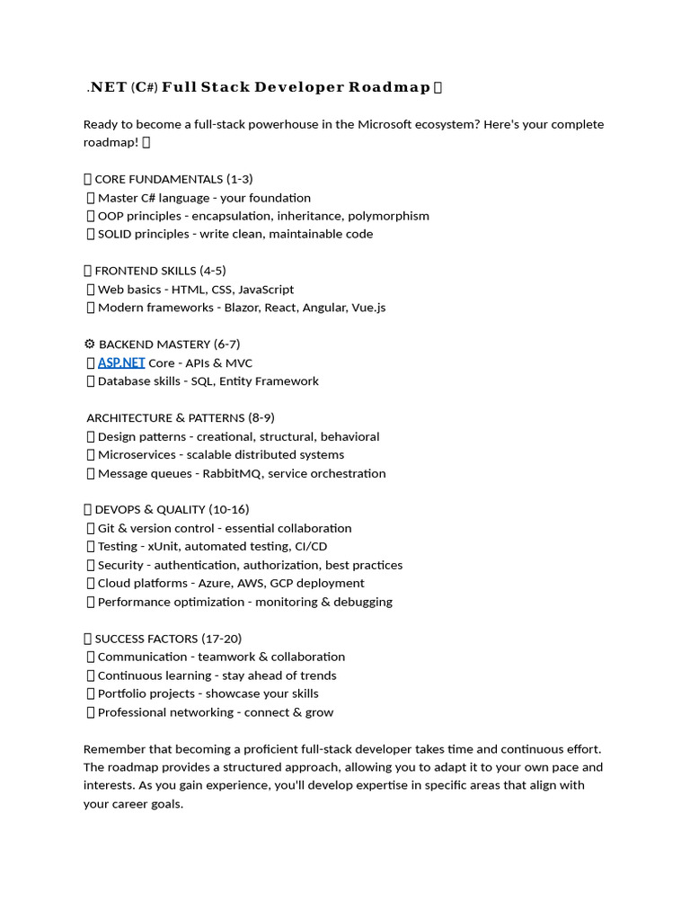 C# Full Stack Developer Roadmap | PDF