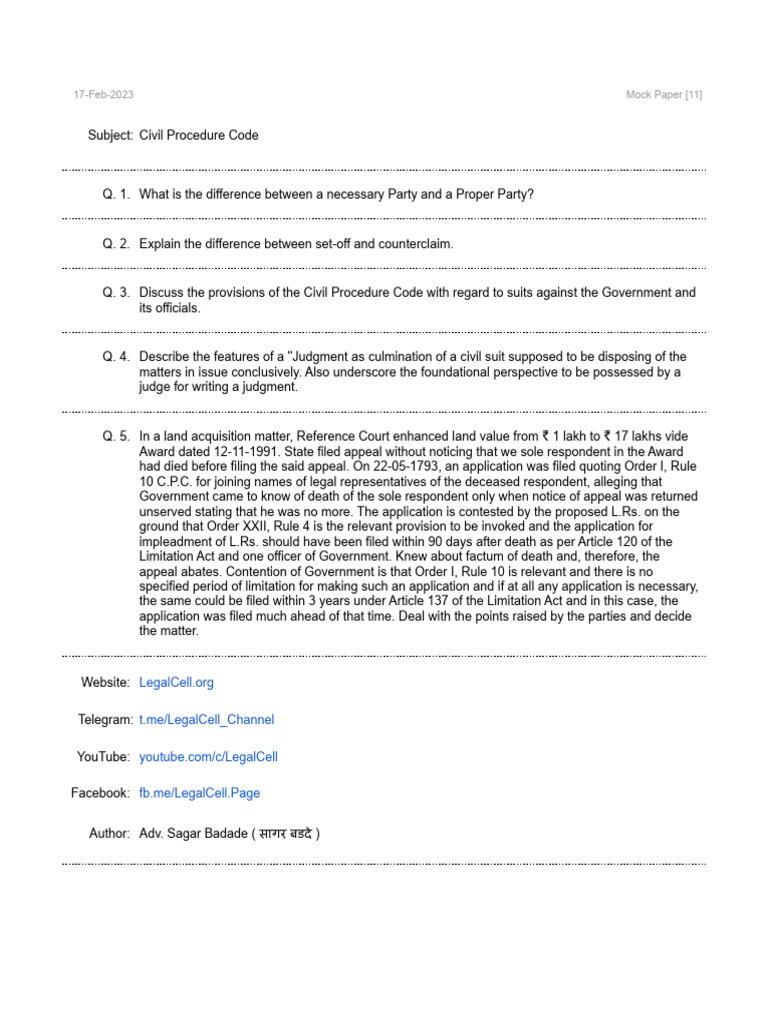 [Mock Paper] Civil Procedure Code (3) | PDF
