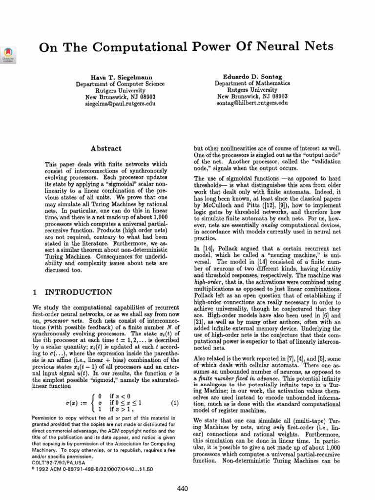 1992-On the Computational Power of Neural Nets | PDF | Automata Theory ...