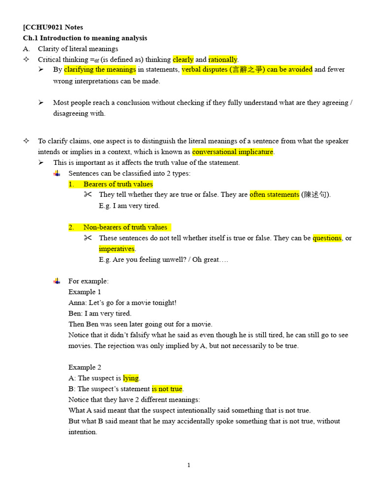 Cchu9021 Notes (Ch.1) | PDF | Definition | Semantics