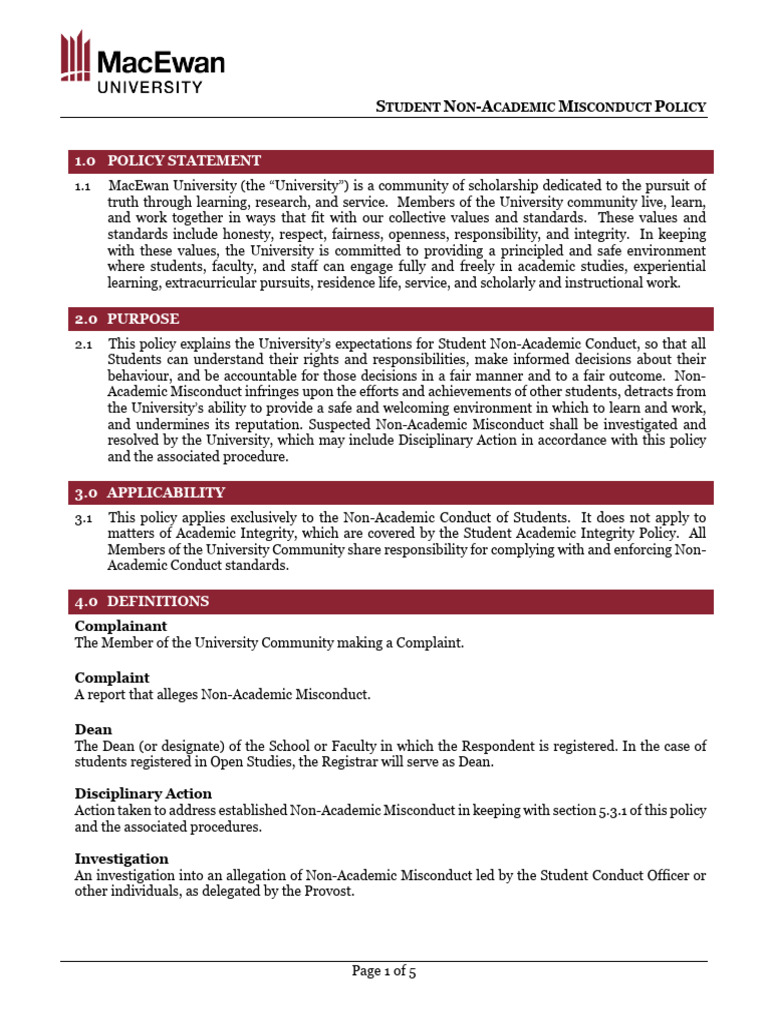 Student Non-Academic Misconduct Policy | PDF | Complaint | Harassment