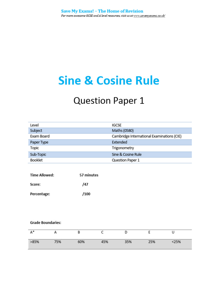 IGCSE Sine & Cosine Rule Exam Paper | PDF | Qualifications | Schools