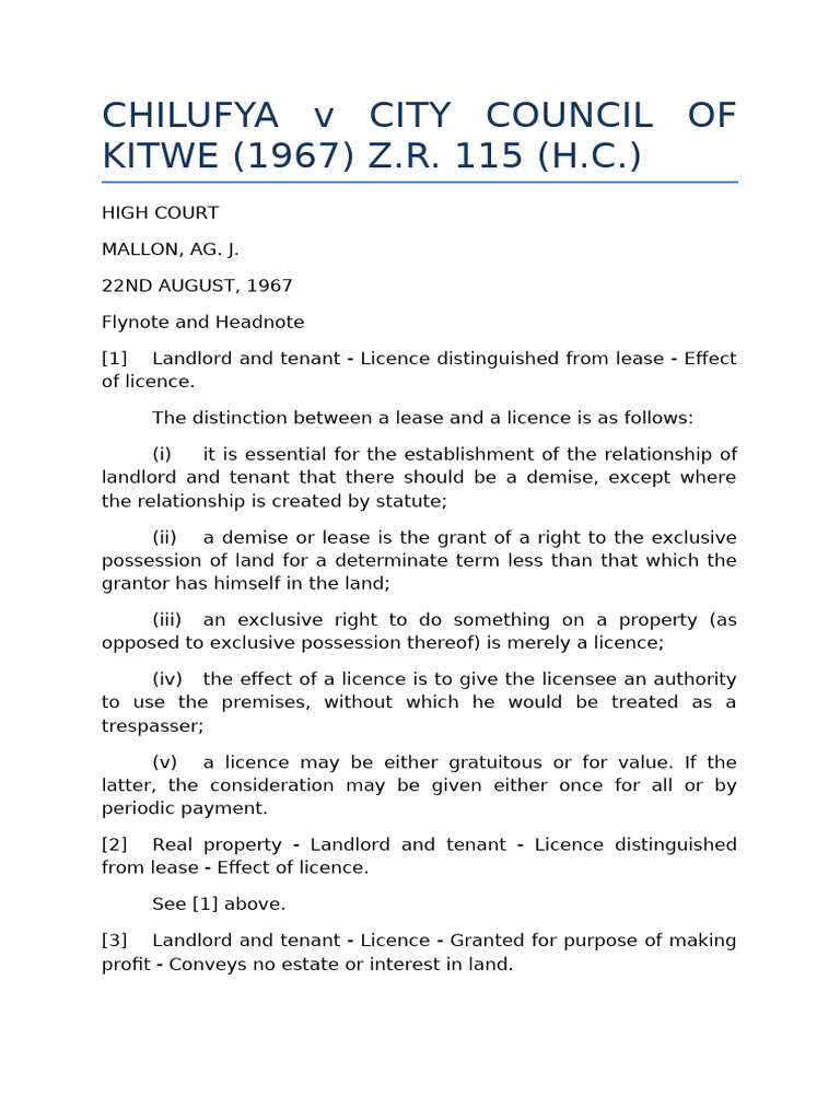 1 - Chilufya v City Council of Kitwe | PDF | License | Lease