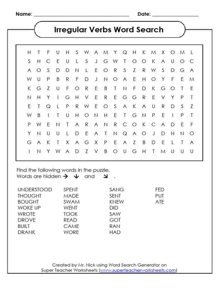 Irregular Verbs Word Search Puzzle | PDF | Word Search | Linguistic ...