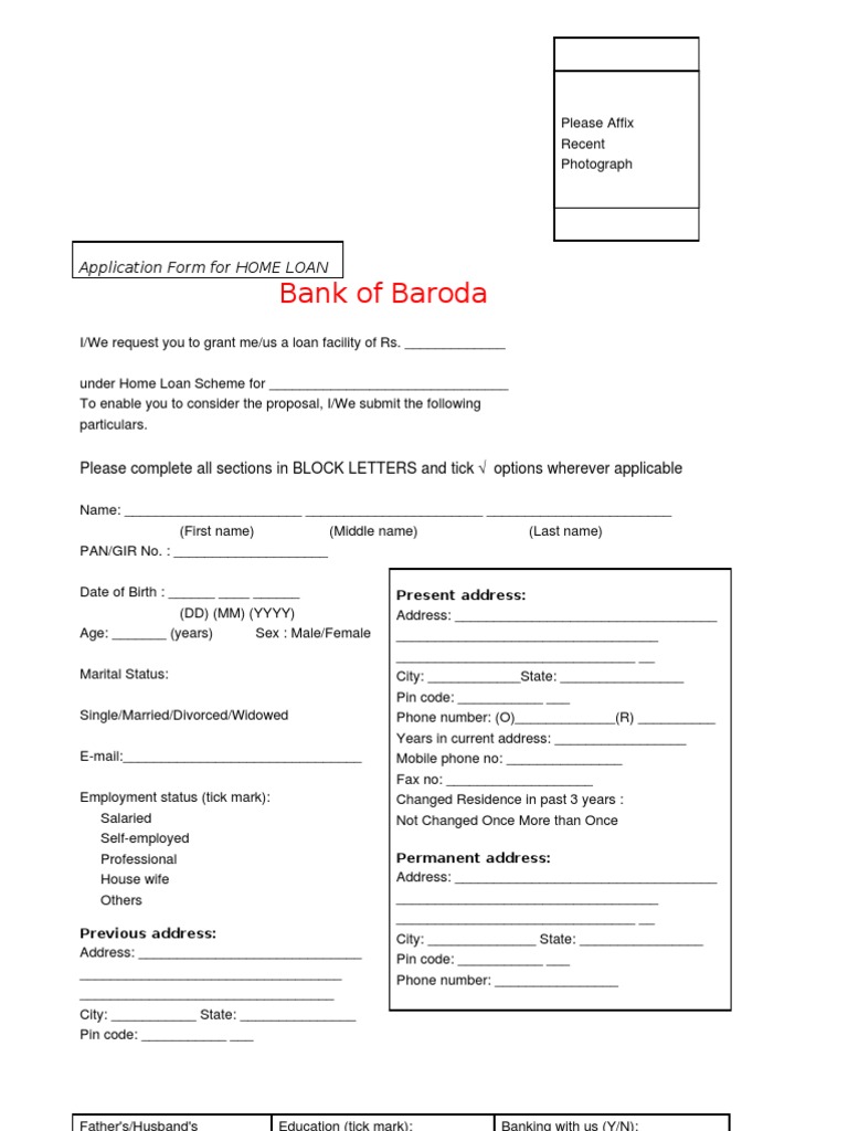 Bank of Baroda: Application Form For HOME LOAN | PDF | Banks | Loans