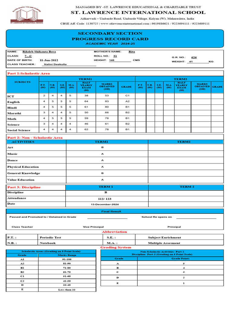 MarkSheet TERM-1 1324 | PDF | Educational Assessment And Evaluation ...