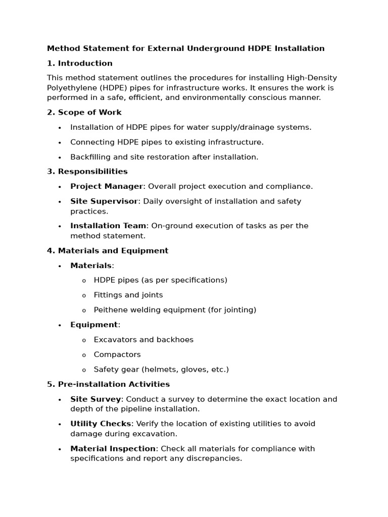 Method Statement for External Underground HDPE Installation | PDF ...