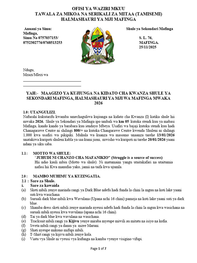 Mafinga Technical Secondary School | PDF