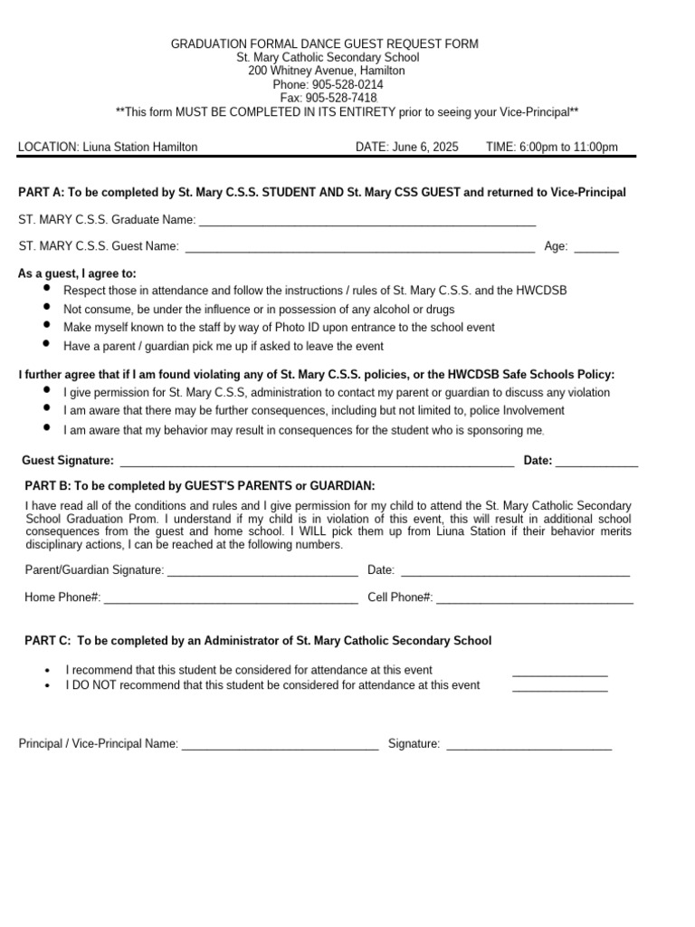St. Mary CSS Graduation Dance Guest Form | PDF