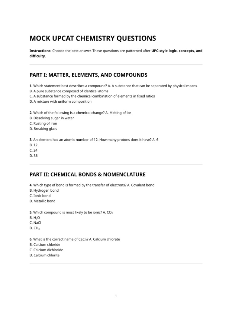 UPCAT Chemistry Mock Exam Questions | PDF | Chemical Substances ...