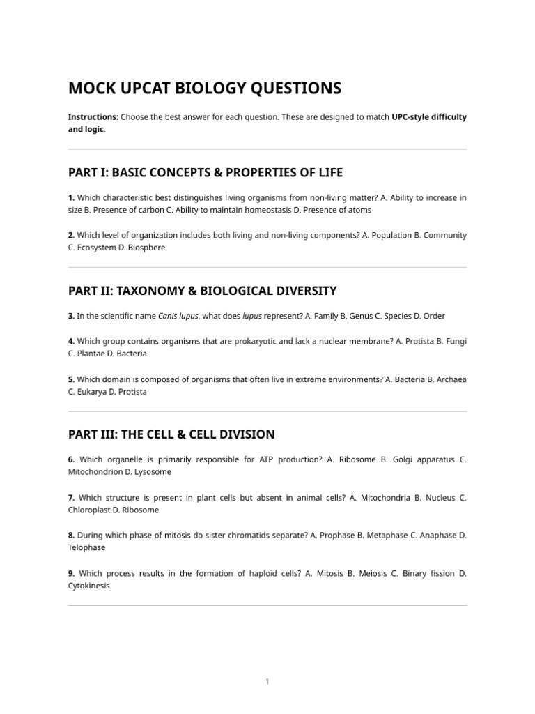 Mock Upcat Biology Questions | PDF | Reproduction | Cell (Biology)