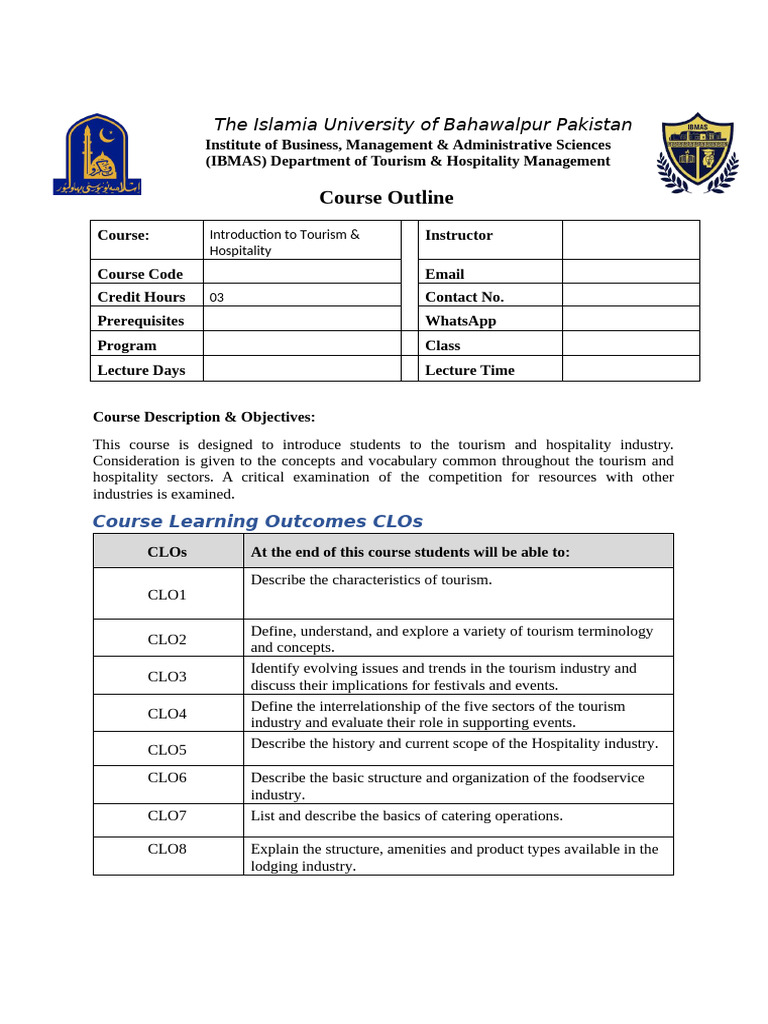 Introduction to Tourism & Hospitality Course | PDF | Leadership | Tourism