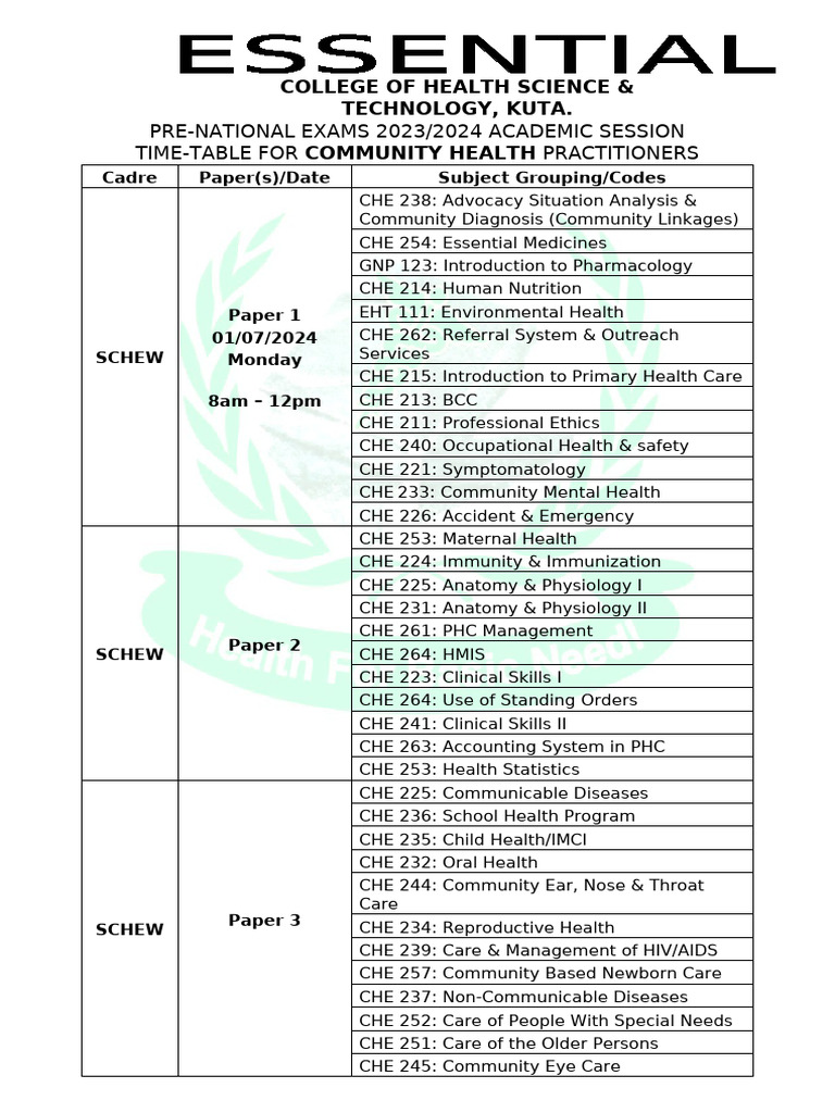 Schew Pre-national Exams Timetable 2024 | PDF