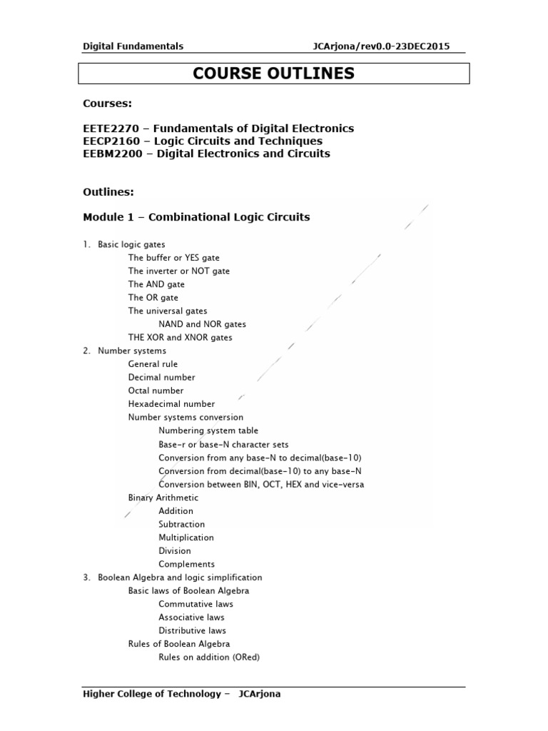 Digital Electronics Course Outline | PDF | Logic Gate | Boolean Algebra
