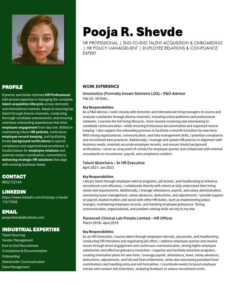 Pooja R Shevde_P&O Advisor _May 2025 (1) | PDF | Recruitment | Human ...