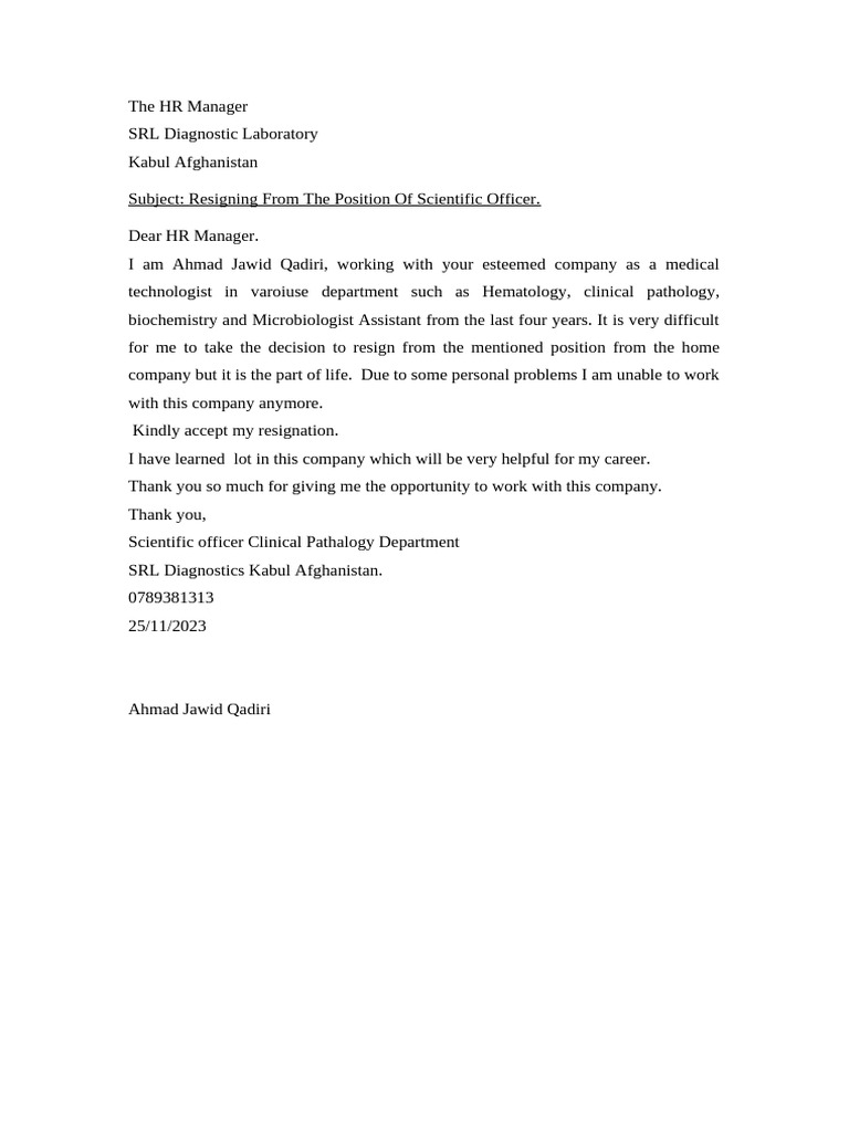 Resignation Letter Jawid | PDF
