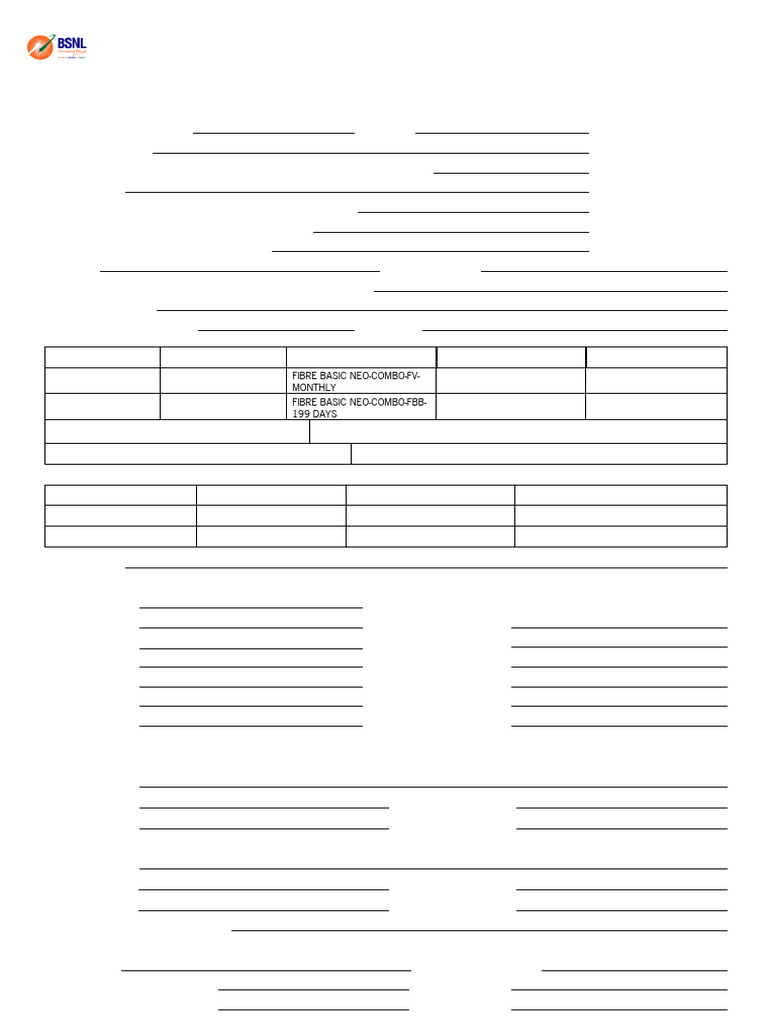BSNL Bharat Fiber Connection Application Form | PDF