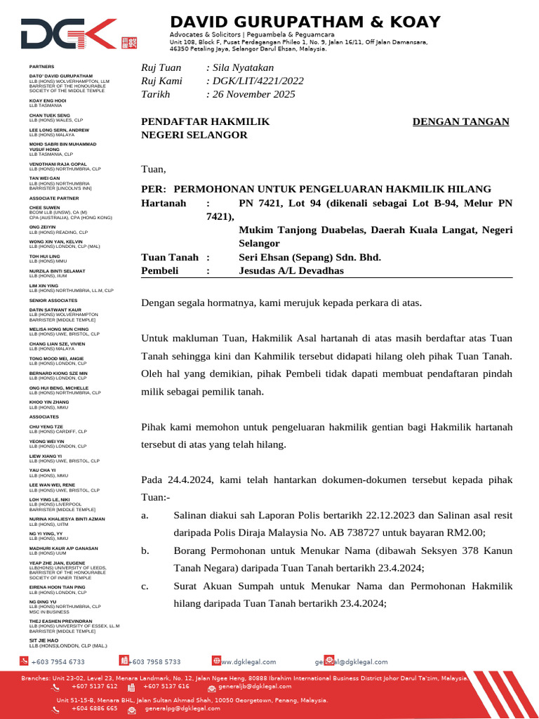 Letter To Selangor Pendaftar Hakmilik - 26.11.2025 (Jesudas) | PDF